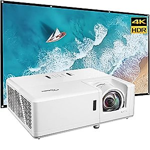 Optoma GT1090HDR Short Throw Laster Home Theater Projector Bundle with Minolta 120" Home Theater Projector Screen 16:9 Indoor Outdoor Folding with Mount Hooks