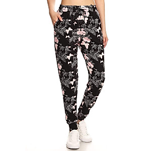 Leggings Depot Women's Relaxed fit Jogger Pants - Track Cuff Sweatpants with Pockets-R560, Medium, Pink Butterflies