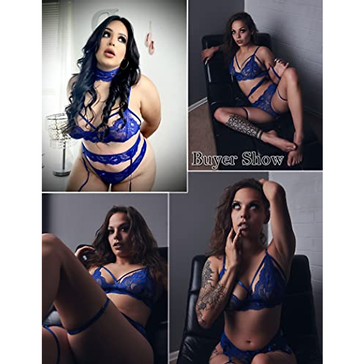 Avidlove Women Lingerie Sexy Set with Garter Belts Sexy Bra and Panty Set Lace Teddy Bodysuit(Blue L)