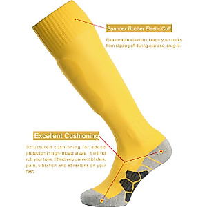 APTESOL Youth Soccer Socks Knee High Team Sport Cushion Sock Women Men Long Tube Cotton Athletic Compression Socks (3-Pair Yellow,X-Small)