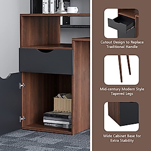 COSTWAY Computer Desk with Door Cabinet & Drawer, 48” Home Office PC Table w/Open Shelf, Mid-Century Modern Writing Desk w/Tapered Legs for Bedroom, Study & Living Room, Brown