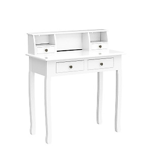 DMAITH Small Writing Desk with Hutch, 32 Inch Home Office Desk with Drawers, Study Table Computer Desk for Student, Vanity Makeup Dressing Table Save Space for Bedroom, White