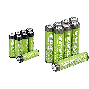 Amazon Basics AAA High-Capacity Ni-MH Rechargeable Batteries, Pre-Charged - 8-Pack & 8-Pack AA Rechargeable Batteries, 2000 mAh, Pre-Charged
