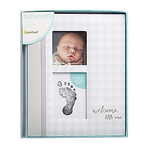 Pearhead Welcome Little One First 5 Years Memory Book, Gender-Neutral Baby Keepsake for New and Expectant Parents, Pregnancy And Milestone Journal, Gray Gingham