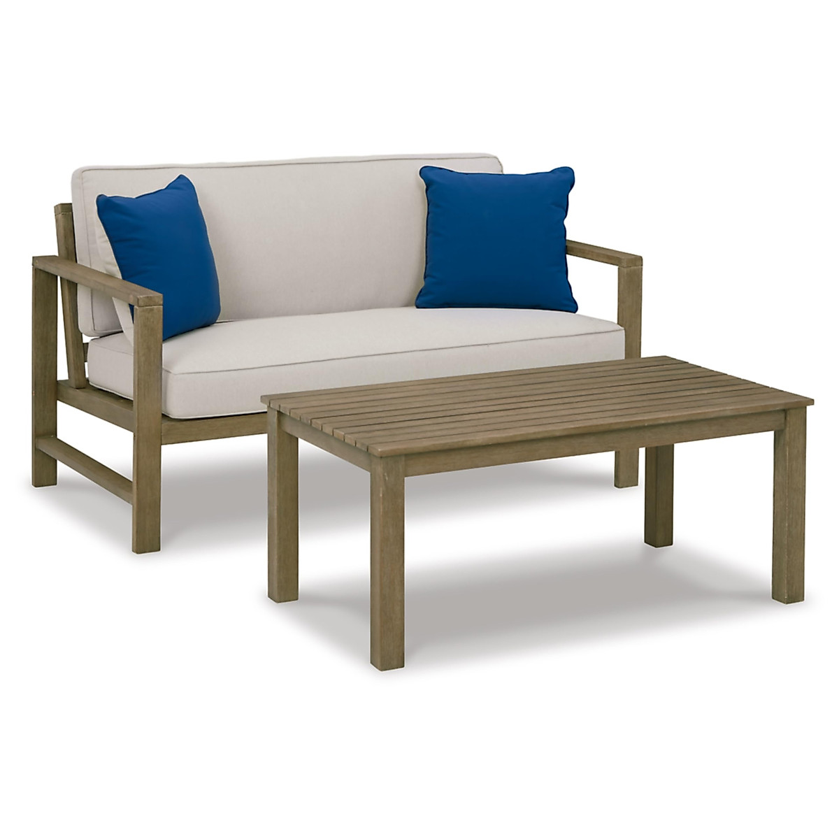 Signature Design by Ashley Outdoor Fynnegan Patio Eucalyptus Loveseat & Coffee Table, Beige with Blue Pillows