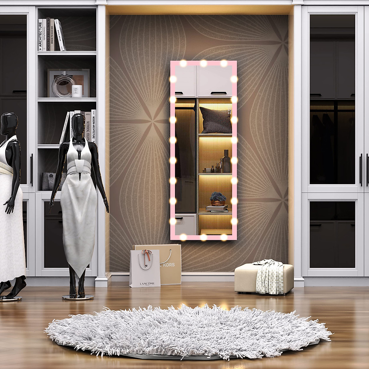 Tidyard Luxury Wall Standing Bedroom Hotel Full Length Mirror with LED Bulbs Touch Control Full Body Dressing Pink Hollywood Vanity Mirror with 3 Color Lights