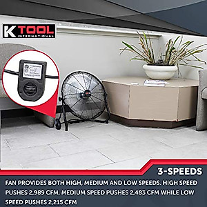 K Tool International 77722; 20 Inch, High Velocity Quick Mount Floor Fan, Converts to Wall Fan, 3- Speed Motor, 360 Degree Tilt, Ideal Fan for Home or Office, 5.5 Foot Cord, 2,989 Max CFM, Black