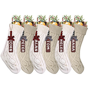 XIMISHOP 6pack Christmas Stockings, 18inch Large Personalized Cable Knitted Xmas Hanging Stocking Decorations with Name Tags for Holiday Christmas Party Family Decor (Khaki and White)