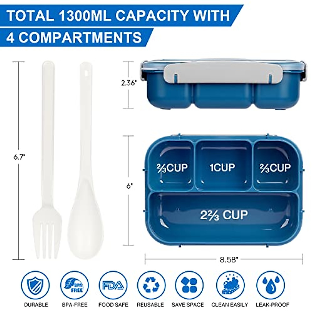 27Pcs Bento Box Kids,XIANKE Lunch Box Kit,1300ML Container for Kids/Adult/Toddler,Durable Leak-proof 4 Compartments Box with Spoon Fork Bag Accessories,Microwave Dishwasher Freezer Safe,BPA-Fre