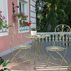 Sungmor Indoor Outdoor Bistro Chair, Garden Patio Balcony Metal Chair Furniture, Two Piece Antique Green 15.8D*36.6H Chairs, Decorative Pretty Chair with Rustic Style and Unique Pattern