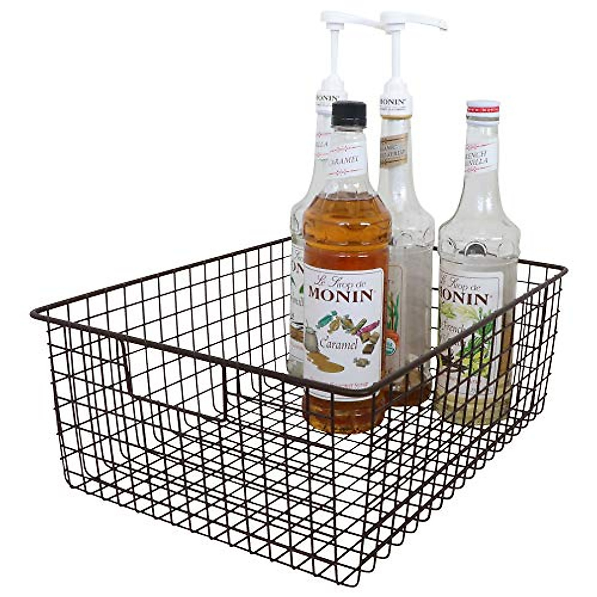 Kitchen Basics 101 Large Farmhouse Metal Wire Storage Basket Bins with Handles 16" x 12" x 6" Closets, Shelves, Cabinets, Bathrooms (Bronze, 2)