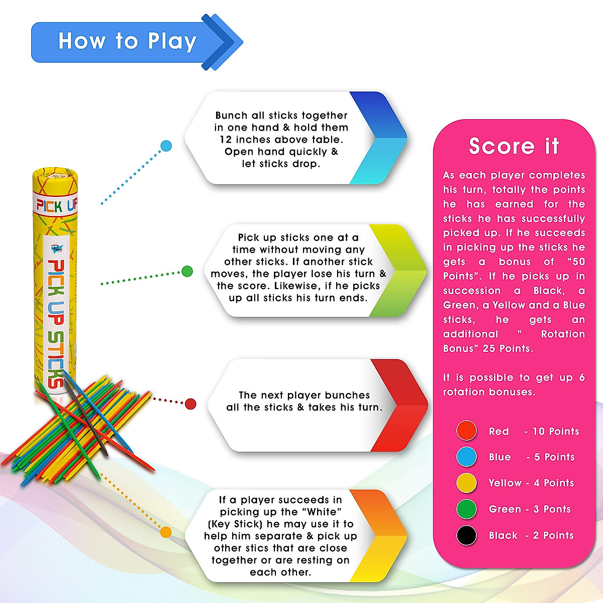 Point Games Pick Up Sticks Game: 30 Brightly Colored Plastic Pick up Sticks in Storage Can, for All Ages!