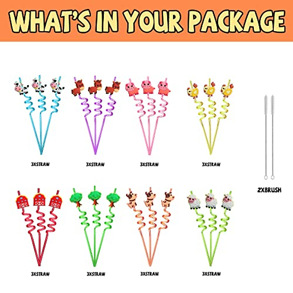 AFZMON 24 PCS Farm Aminal Drinking Straws Reusable Plastic Beverages Cocktail Straw with Cartoon Decoration for Kids Farm Animal BIrthday Party Supplies Favors,8 Styles