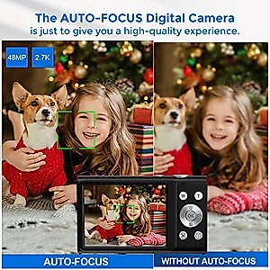 Digital Camera, RUAHETIL Autofocus FHD 2.7K 48MP Vlogging Camera for Kids, 16X Zoom 2 Charging Modes Kids Compact Camera Point and Shoot Camera for Kids Teens Students（Black）