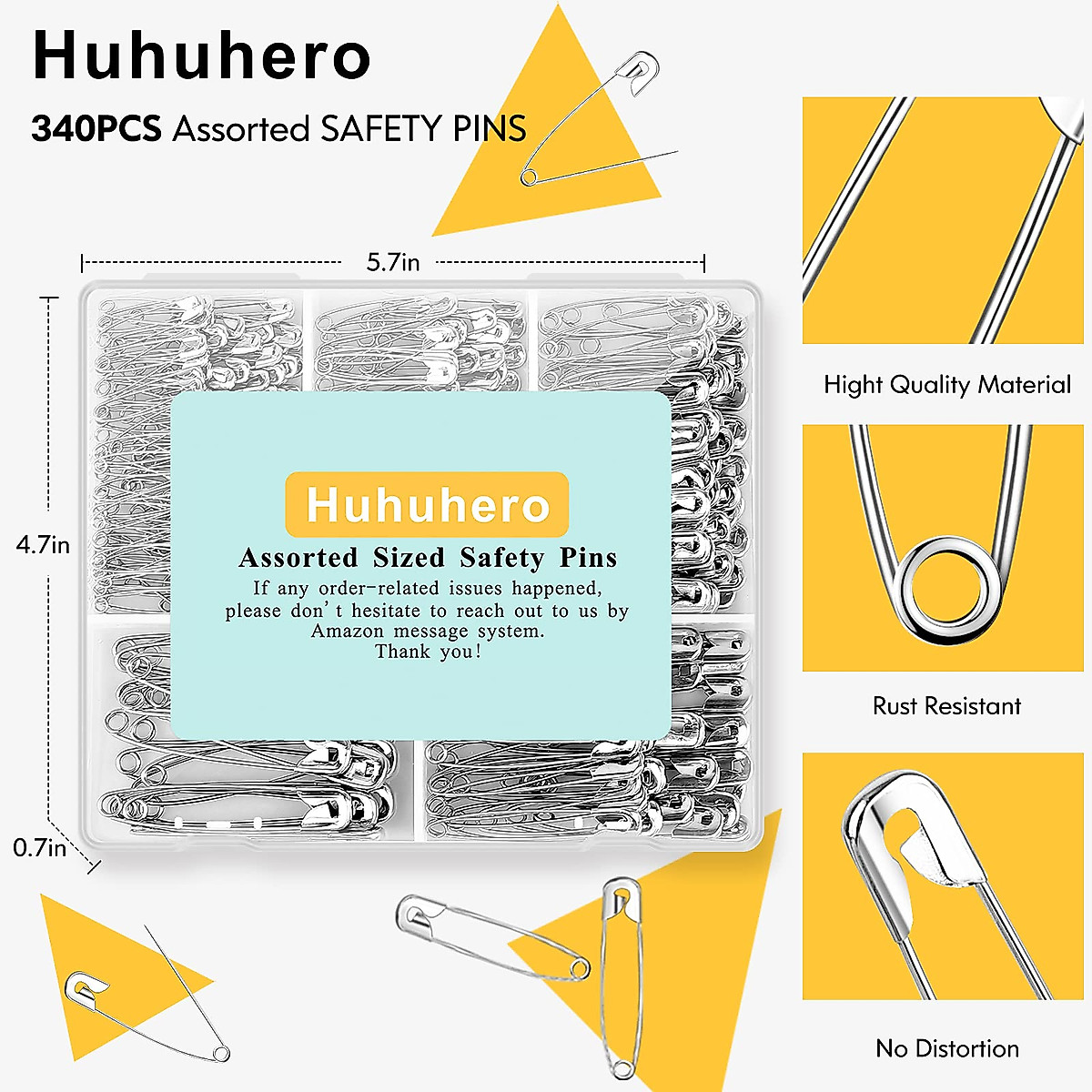 Safety Pins Assorted, 340 PCS Nickel Plated Steel large Safety Pins Heavy Duty, 5 Different Sizes Safety Pin, Safety Pins Bulk, Small Safety Pins for Pinning, Sewing, Jackets, Clothes, Crafts (Silver)