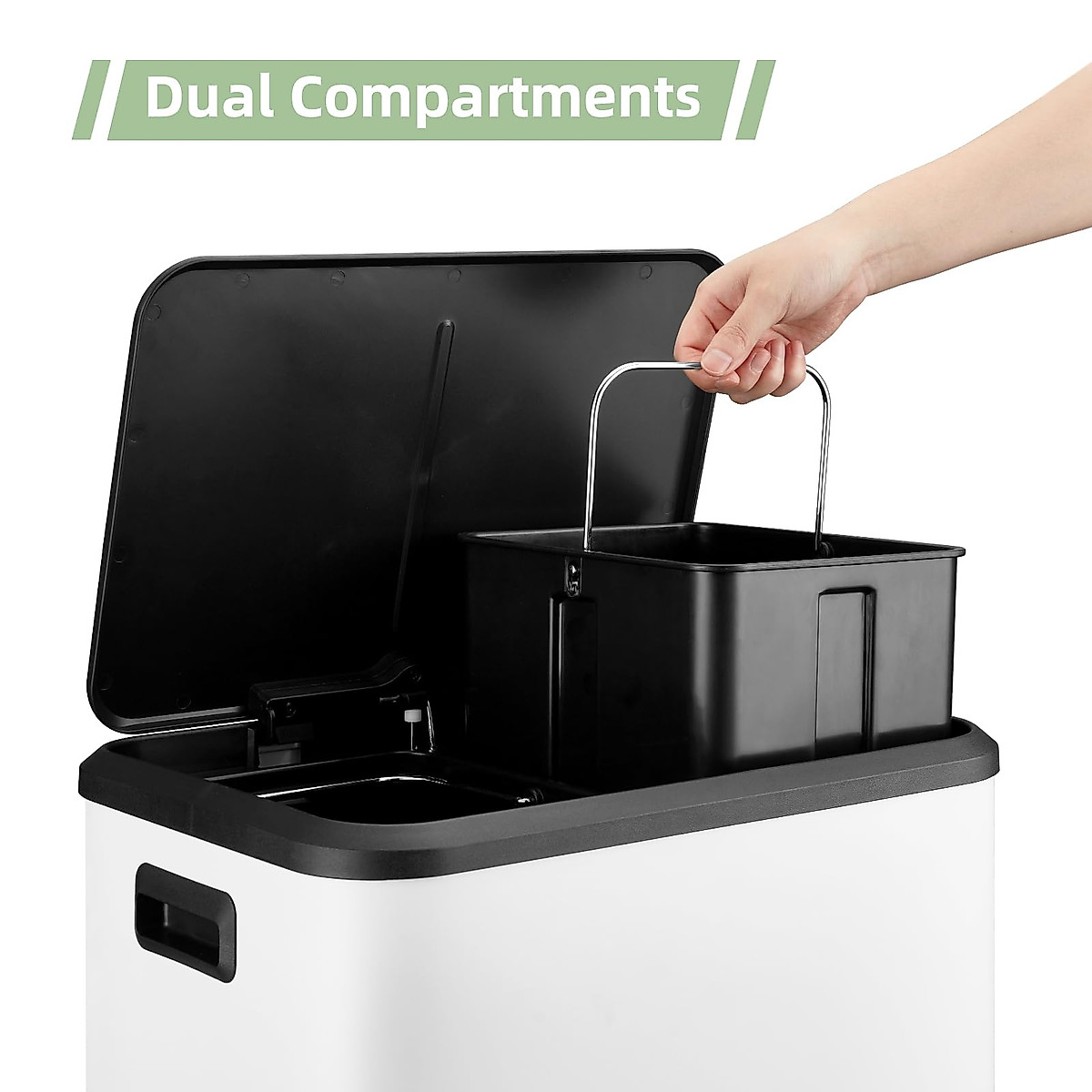 WELYFE 30 L/8 Gallon Trash Can, Rectangular Dual Compartment Recycling Step Bin, Stainless Steel Kitchen Trash Can, Removable Inner Box, Suitable for Kitchen, Office - White