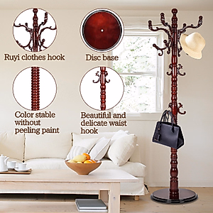 Coat Rack Freestanding, Wooden Coat Rack 14 Hooks, Pure Natural Solid Tree Coat Hanger Stable Disc Base, Adjustable Floor Hanger,for Bedroom Office Hallway Entryway(Mahogany)