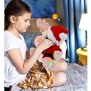 DolliBu Santa Rainbow Moose Stuffed Animal Plush Toy - Super Soft Dress Up with Red Santa Claus Outfit, Cute Moose Gift Perfect Holiday with Name Personalization - 9 Inches