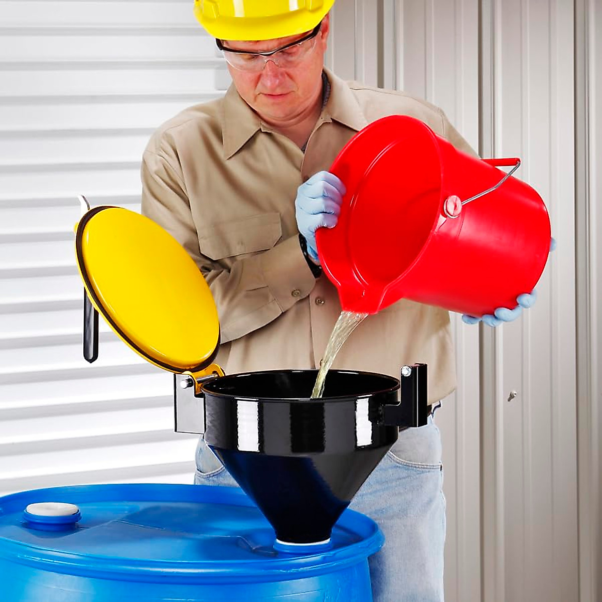 PIG Drum Funnel | Burpless Steel Drum Funnel | for 20 to 55 Gallon Steel or Poly Drums w/ 2" NPT | Overfill Preventer | 15" L x 11.25" W x 15" H | Red | DRM1127-RD-NPT