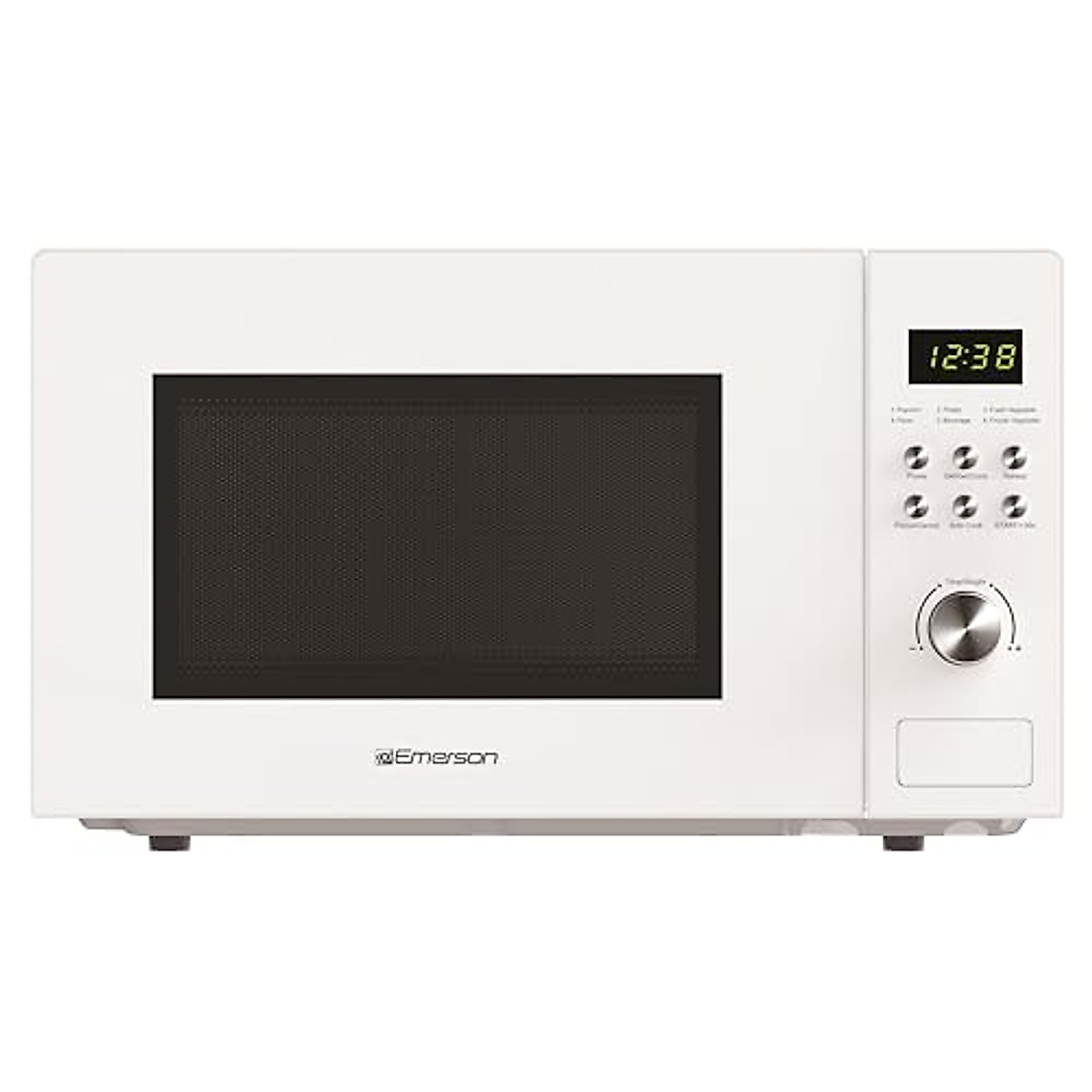 Emerson MW1101W Microwave Oven with Timer & LED Display 1000W, 10 Power Levels, 6 Pre-Programmed Settings, Removable Glass Turntable with Child Safe Lock, 1.1 Cu. Ft, White