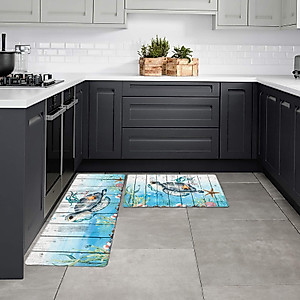 Possta Decor 2 Piece Kitchen Mats Nautical Turtles Starfish Seaweed Shells,Non Slip Doormats Area Runner Rug Set,Blue Ocean Farm Retro Plank Super Soft Comfort Standing Mat for Bedroom Living Room