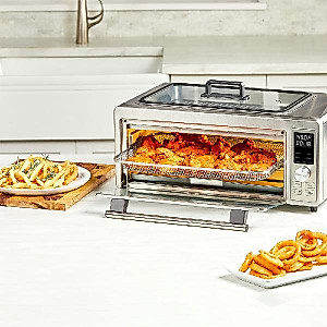 Emeril Power Grill 360, 6-in-1 Countertop Convection Toaster Oven with Top Indoor Grill, Air Fry, Roast, Toast, Bake, Dehydrate, Glass Lid, Stainless Steel