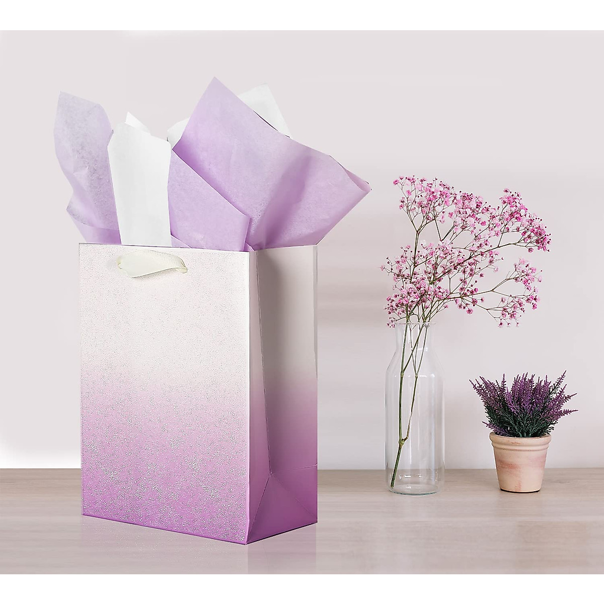 UNIQOOO 12Pcs Ombre Purple Gift Bags Bulk w/ 24 Tissue Paper, 9 x 7 x 4 In, Gradient Pastel Glitter Paper Gift Wrap Bag, Recyclable Gift Packaging for Wedding Birthday Mother's Day Baby Shower Party Favor Décor