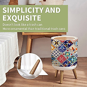 PHAIBHKERP Small Trash Can with Lid Colorful Mexican Talavera Ceramic Tiles Wall Background Garbage Bin Round Waste Bin Press Cover Dog Proof Wastebasket for Kitchen Bathroom Living Room 1.8 Gallon