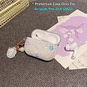 PHOEACC Cute Airpod Pro 2 Case (2022) Flower with Glitter Shell Pearl Keychain Marble Hard TPU Protective Cover Compatible with AirPods Pro 2nd Generation Case for Girls Teens Women (Floral White)