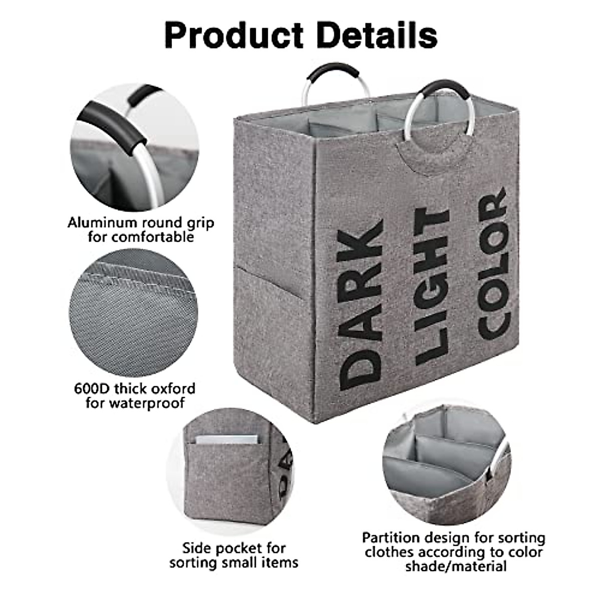 Laundry Basket 3 Section Dirty Clothes Laundry Sorter with Aluminum Handle Large Collapsible Laundry Hamper for Bathroom Bedroom, Grey
