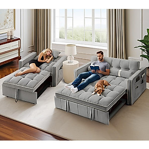 GEEVIVO 35-inch Futon Sofa Chair with Pull Out Bed, Modern Tufted Velvet 3 in 1 Convertible Sleeper Sofa Chair with a Pillow for Small Space, Living Room, Apartment, Bedroom, Grey