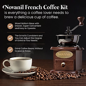 NOVANIL FRENCH COFFEE KIT - ANTIQUE STYLE COFFEE SET, FRENCH PRESS & HEAT-RESISTANT GLASS POT, WOODEN MANUAL COFFEE GRINDER & GIFT BOX