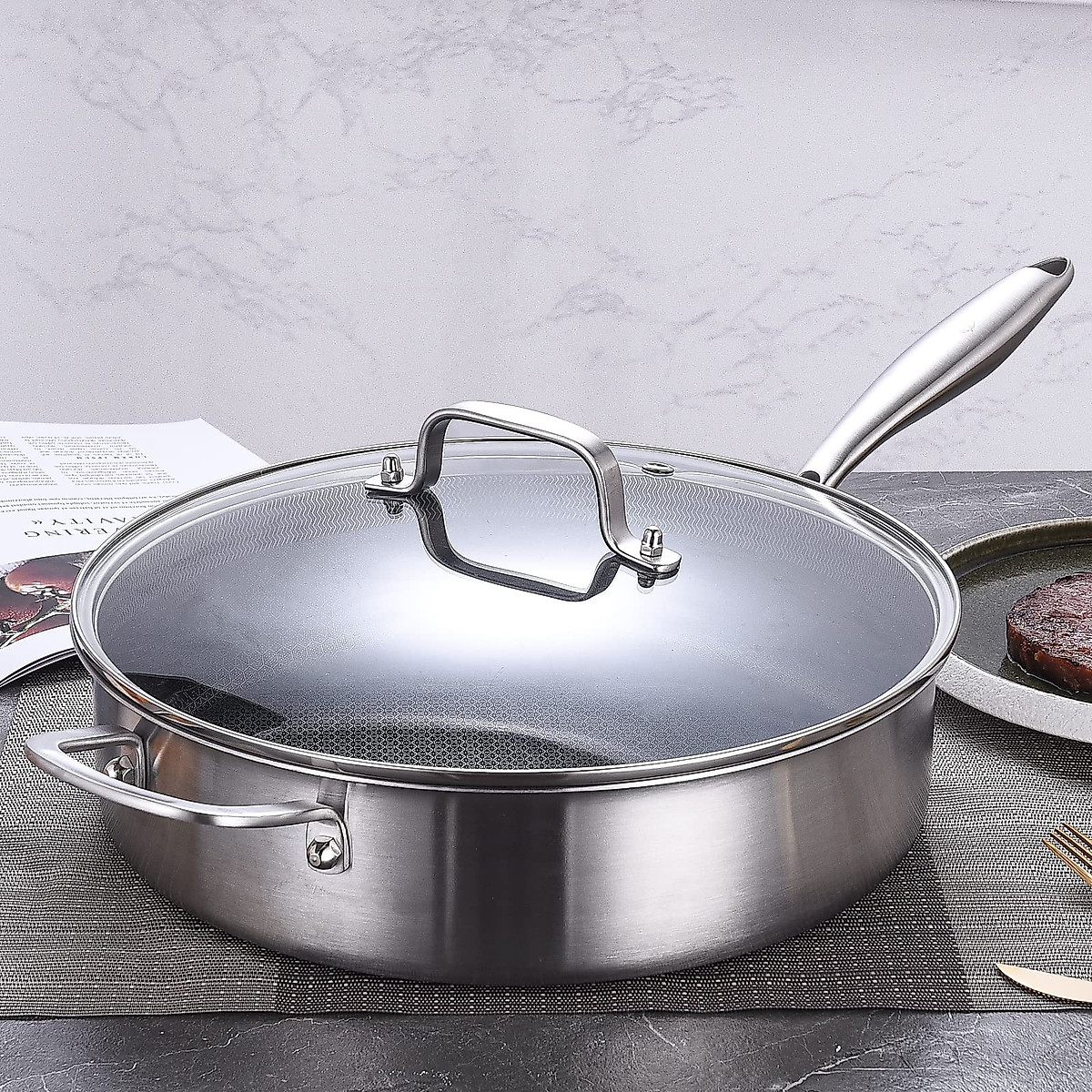 LOLYKITCH 6 QT Tri-Ply Stainless Steel Non-stick Sauté Pan with Lid,12 Inch Deep Frying pan,Large Skillet,Jumbo Cooker,Induction Pan,Dishwasher and Oven Safe.(Removable Handle)
