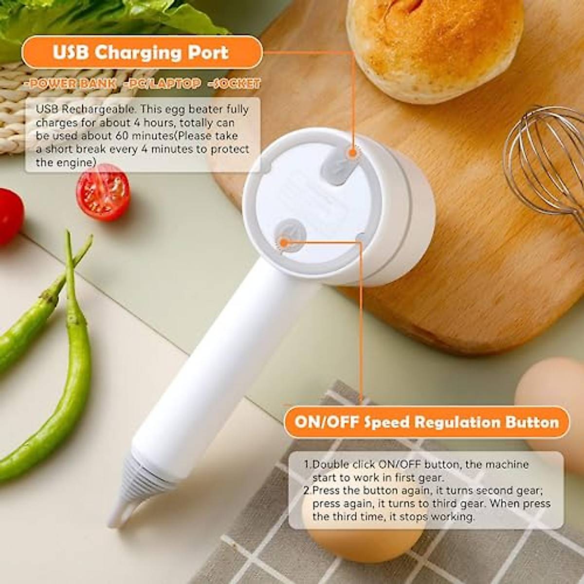 Good Dee's Portable Electric Cordless Handheld Mixer, 3-Speed Adjustable Lightweight USB Rechargeable Hand Mixer Stainless Steel (White)