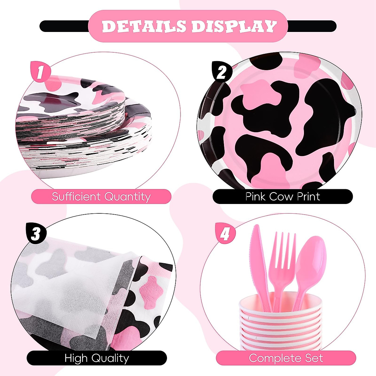 durony 210 Pieces Pink Cow Print Tableware Set Pink Cow Print Party Decorations Paper Plates Cups Napkins Knife Spoons Forks for Cowgirl, Baby Shower, Farm Birthday Party Supplies, Serve 30 Guests
