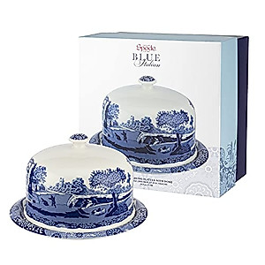 Spode Blue Italian 2 Piece Serving Platter with Dome Cover, Multifunctional Tray for Cake, Pastries, and Cheese, Made of Porcelain, Measures 11.5-Inches, Dishwasher Safe