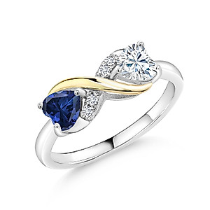 925 Sterling Silver and 10K Yellow Gold Heart Shape Blue Created Sapphire and Forever Classic Moissanite from Charles & Colvard Ring For Women (1.04 Cttw, Available in size 5, 6, 7, 8, 9)