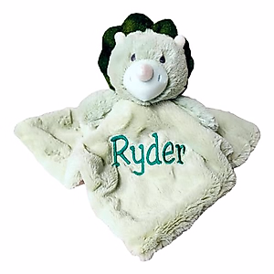 SONA G DESIGNS Custom Personalized Dinosaur Lovey Lovie Security Blanket with Rattle (Green Dino with Embroidered Name)