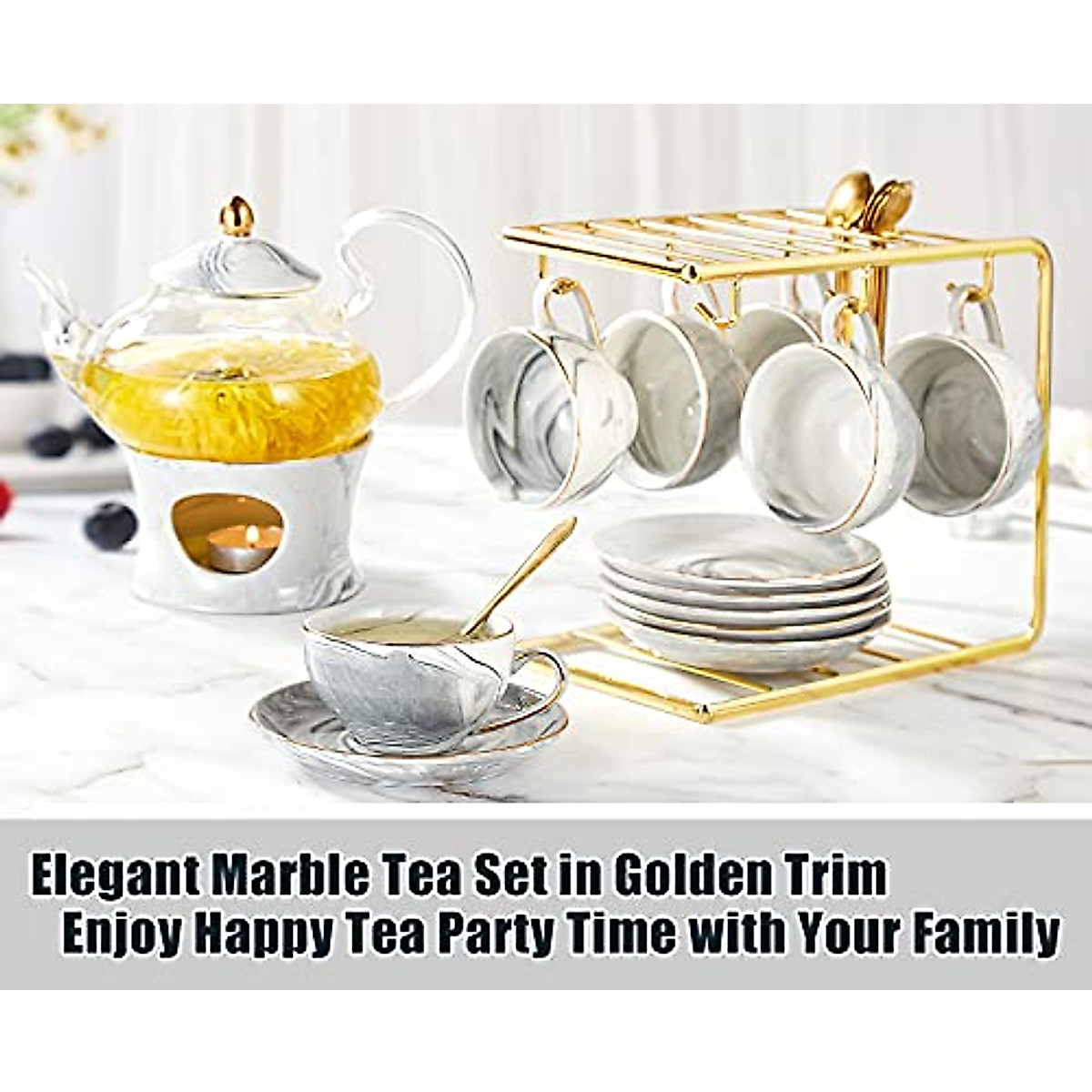DUJUST 21 pcs Small Tea Set of 6, Gray Marble Texture with Handcraft Golden Trim, Fine Porcelain Tea pot Set for Kids&Adults, 1 Glass Teapot(22oz), 6 Cups(4oz), 6 Saucers, 6 Spoons, 1 Shelf&1 Warmer