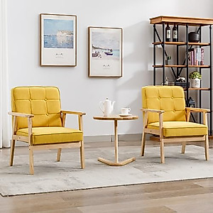 Okeysen Accent Chairs Set of 2, Mid Century Modern Accent Chair, Retro Wood and Fabric Armchairs Side Chair, Lounge Reading Comfy Arm Chair for Living Room, Bedroom, Office (Yellow)