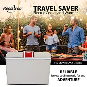 Koolatron Electric Portable Cooler Plug in 12V Car Cooler/Warmer 45 qt (42 L),No Ice Thermo Electric portable Fridge for camping, Travel Road Trips Trucking with 12 Volt DC Power Cord, Gray/White.