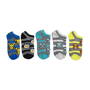 Pokemon Boys 5 Pack No Show Casual Sock, Assorted Grey Stripe, 6-8.5 US
