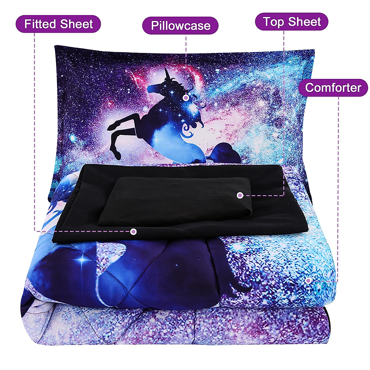 Wowelife Unicorn Toddler Bedding Set for Girls Galaxy Toddler Bed Sheets Sets Blue Kids Toddler Comforter Set Breathable and Soft with Comforter, Flat Sheet, Fitted Sheet and Pillowcase