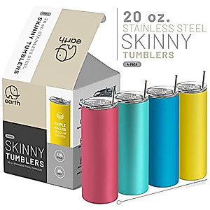 Earth Drinkware SKINNY TUMBLERS (4 pack) - 20oz Stainless Steel Double Wall Insulated Tumblers with Lids and Straws | Skinny Travel Mug, Straw Cleaner INCLUDED | Blanks For Vinyl Projects - Multi #3