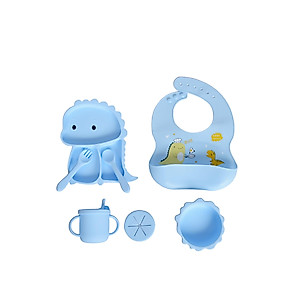 Silicone Baby Feeding Set, Baby Led Weaning Supplies, Eating Essentials Utensils with Suction Plate and Bowl, Pocket Bib, Sippy Cup with Lid, Forks Spoons Snack Container (Tropical Blue) 6M +