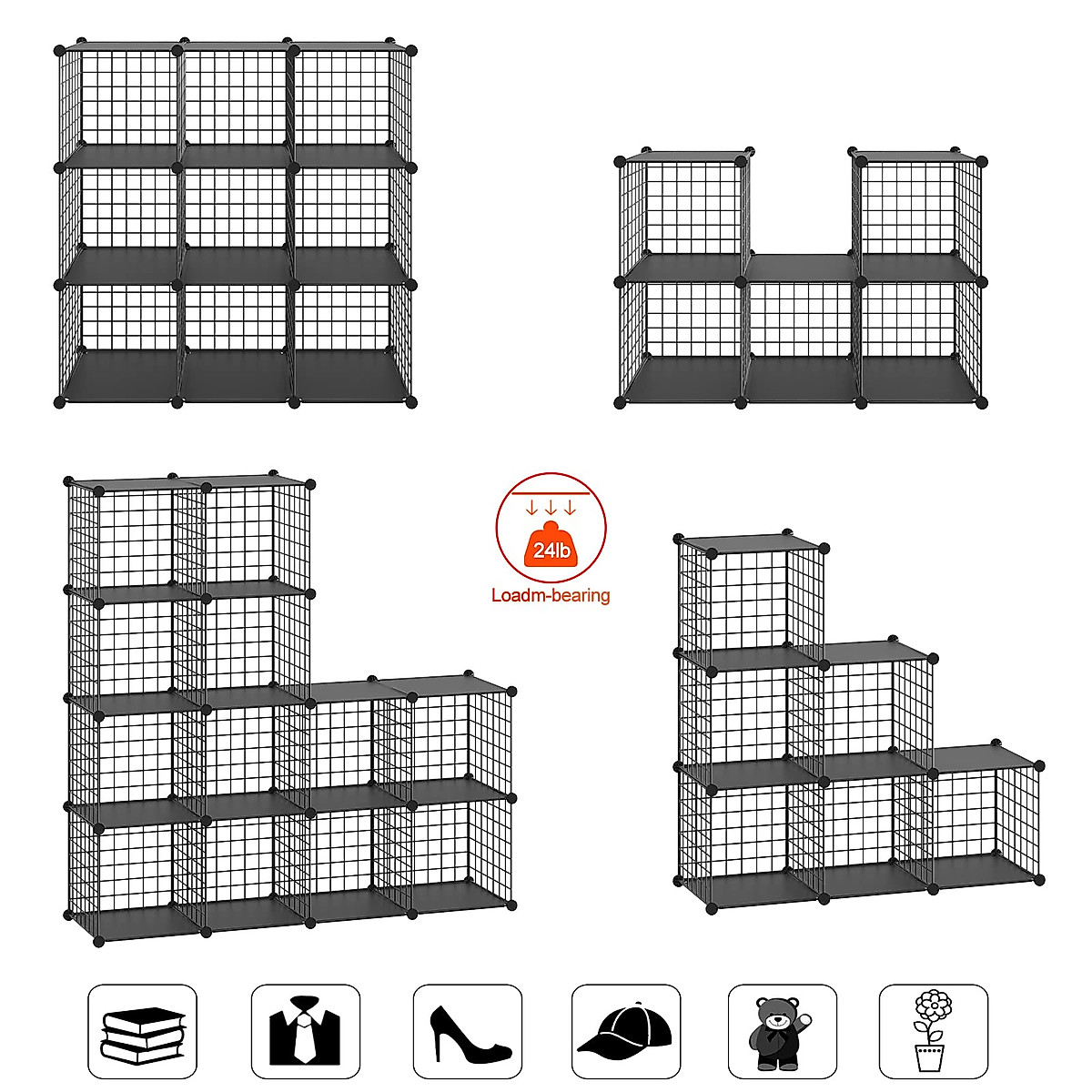 HUBSON Wire Cube Storage Organizer, 6-Cube Metal Grids Storage Shelf, Closet Cabinet, DIY Plastic cube Bookcase Modular Closet Cabinet for Bedroom, Living Room, Office, Black