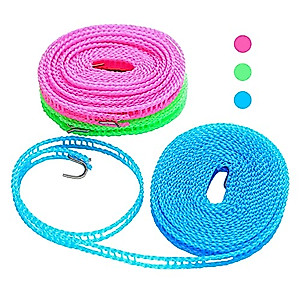 3 Pack Clothesline Adjustable Nylon Windproof Clothes Drying Rope, 5m/16.4ft Durable Camping Clothesline Portable Clothes Drying Line Indoor Outdoor Laundry Storage for Travel Home Use