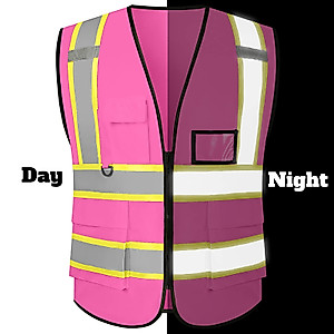 evershare Pink Safety Vest Reflective High Visibility with 5 Pockets and Zipper Class 2 for Men and Women Unisex Fluorescent Construction Security Volunteer Outdoor Traffic Workwear