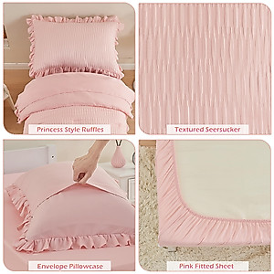 Cozyholy 4 Piece Textured Seersucker Toddler Bedding Set Girls Crib Sheets Set Pink Ruffle Baby Bed Comforter Set Lightweight Bed in a Bag | Include Comforter, Flat Sheet, Fitted Sheet, Pillowcase