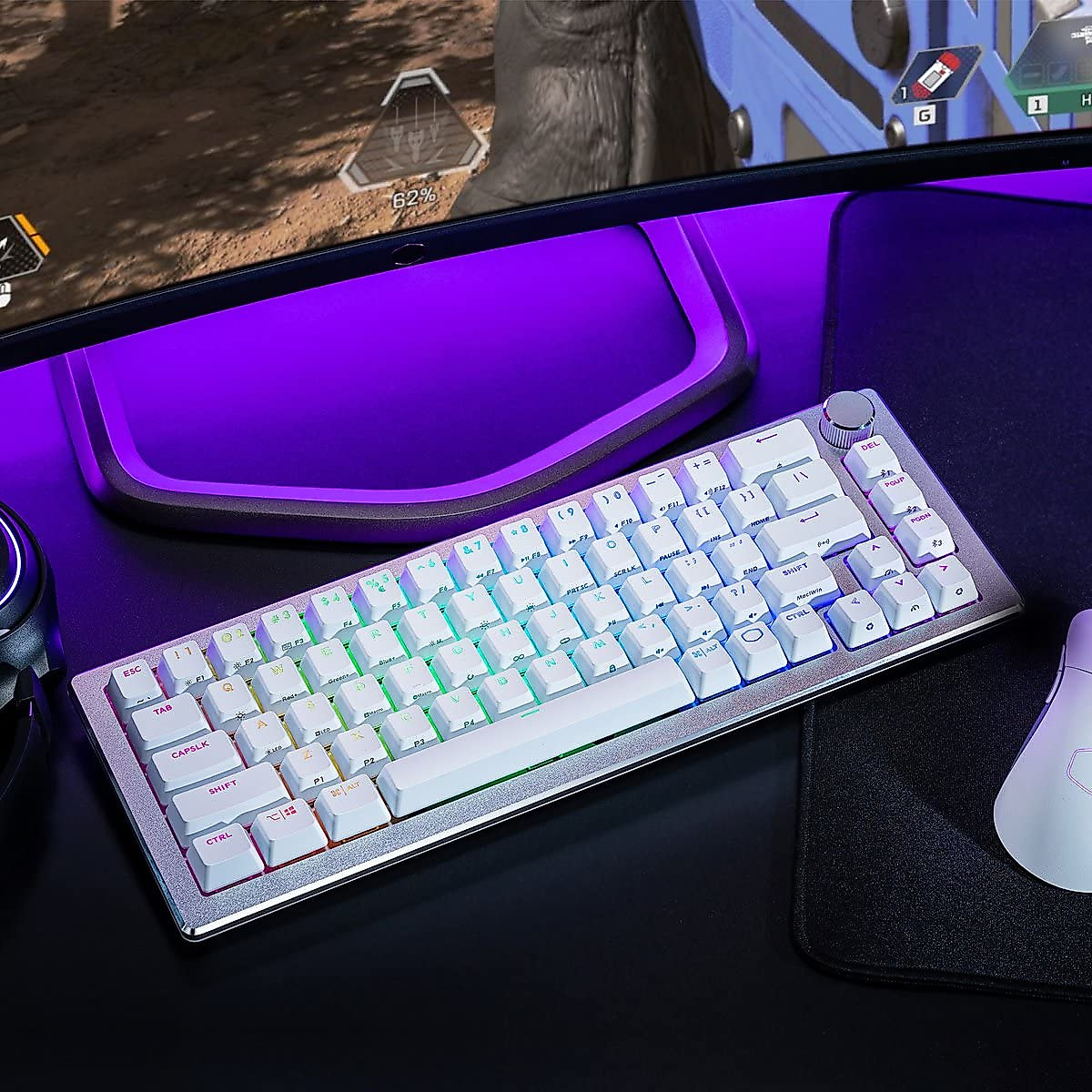 Cooler Master CK721 65% Hybrid Wireless 2.4GHz/Bluetooth Silver/White Mechanical Gaming Keyboard, Tactile Brown Switches, Customizable RGB, Ergonomic Design, 3-Way Dial, QWERTY (CK-721-SKTM1-US)